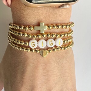 Custom Word Gold Beaded Bracelet • Gold Bead Stretch Bracelet • Mothers ...