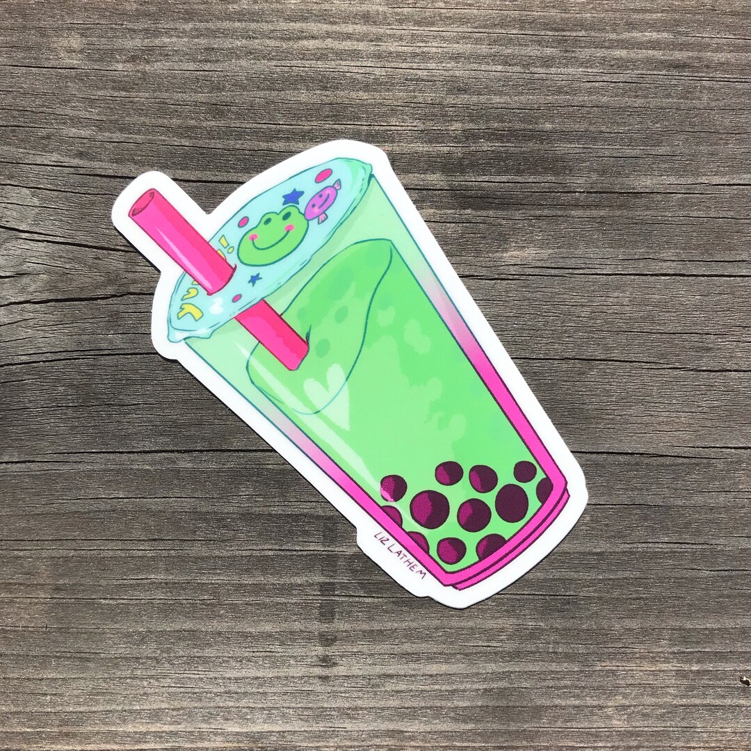 Froggy Boba Vinyl Sticker // Fun Bubble Tea Smoothie Honeydew Frog Amphibian Tapioca Pearls ...