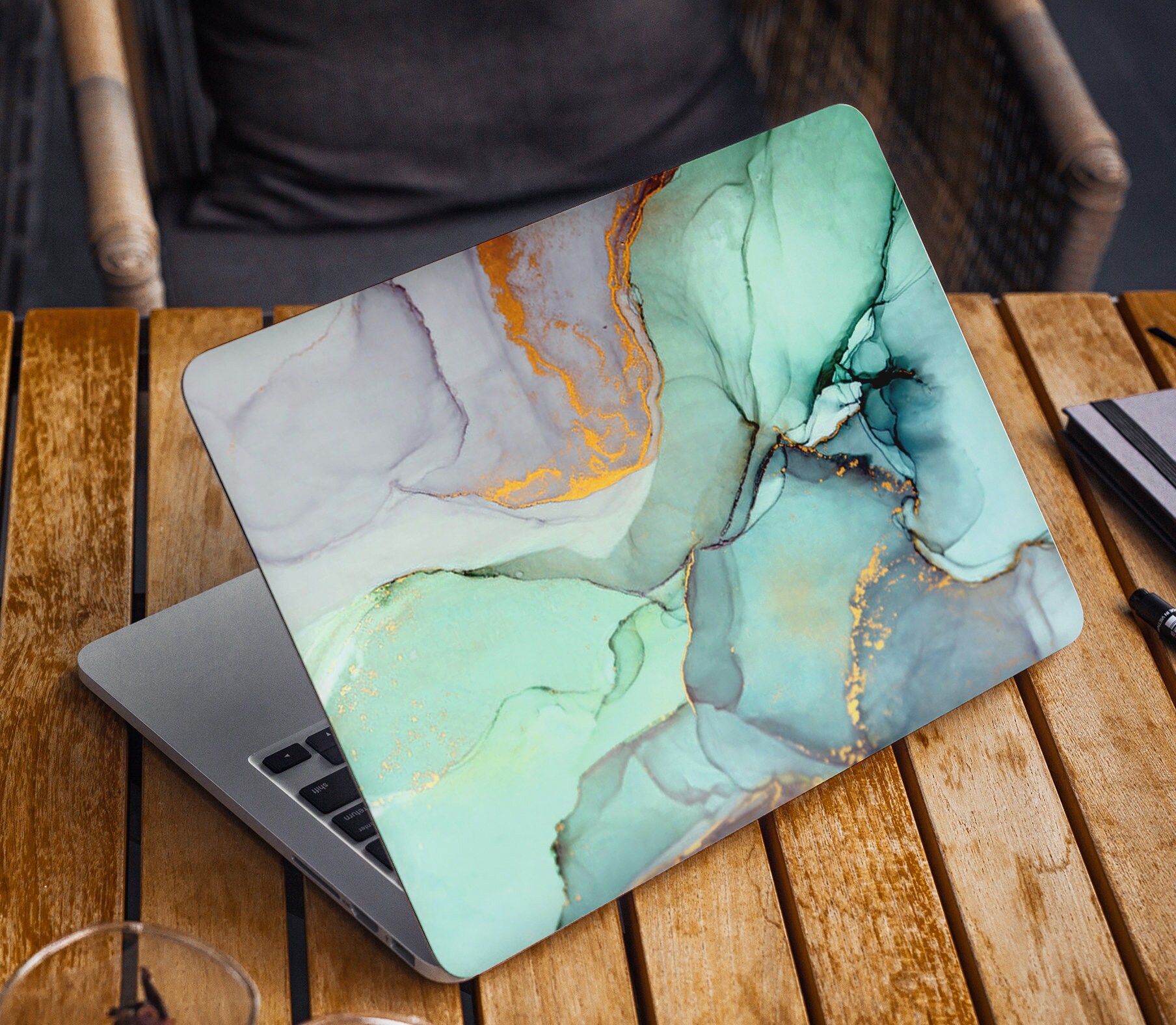 Blue Acrylic Marble Laptop Skin Custom Name Gold Vinyl Decal Dell Hp ...