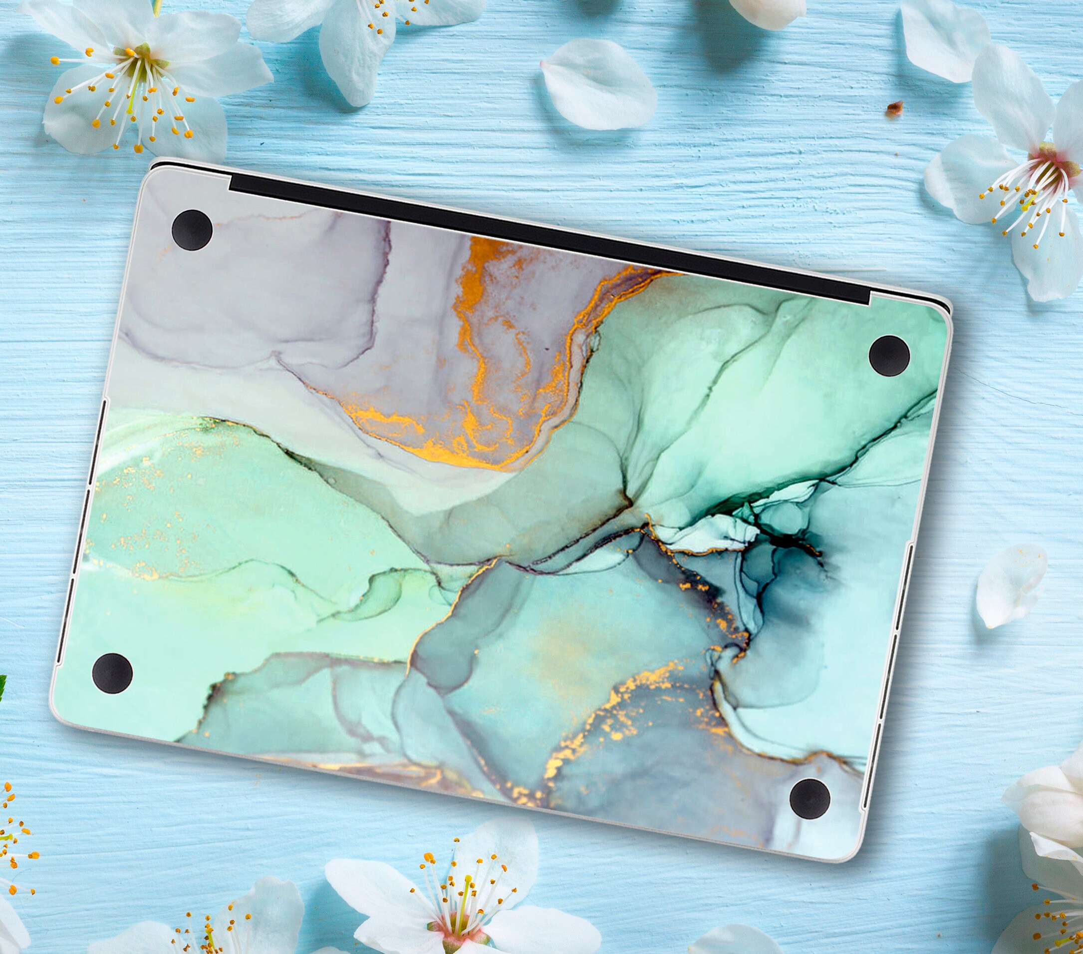 Blue Acrylic Marble Laptop Skin Custom Name Gold Vinyl Decal Dell Hp ...