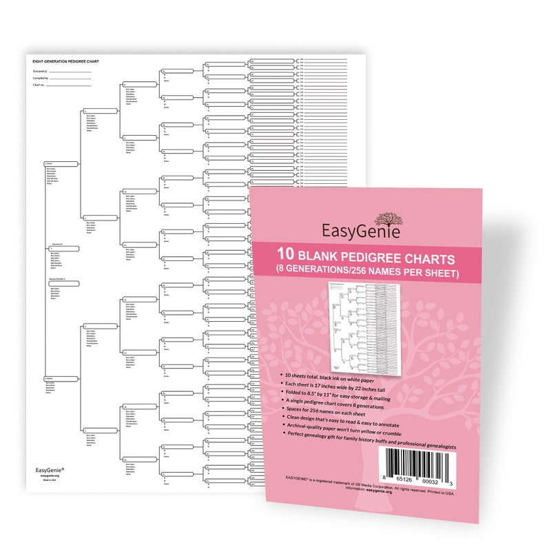 10 Genealogy Charts (8 Generation Pedigree Charts) Offset Printed on ...