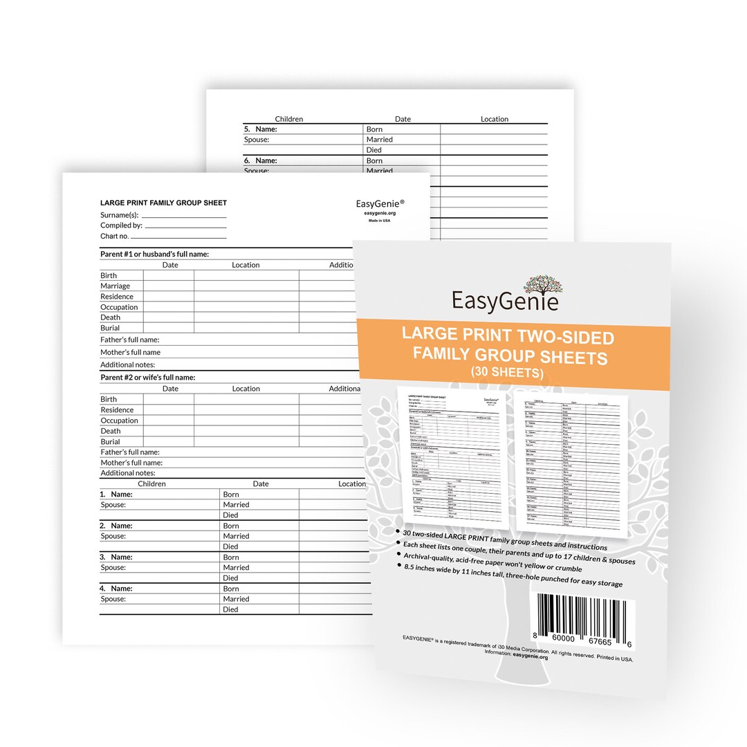 LARGE PRINT Two-sided Family Group Sheets for Ancestry (30 Sheets) by ...