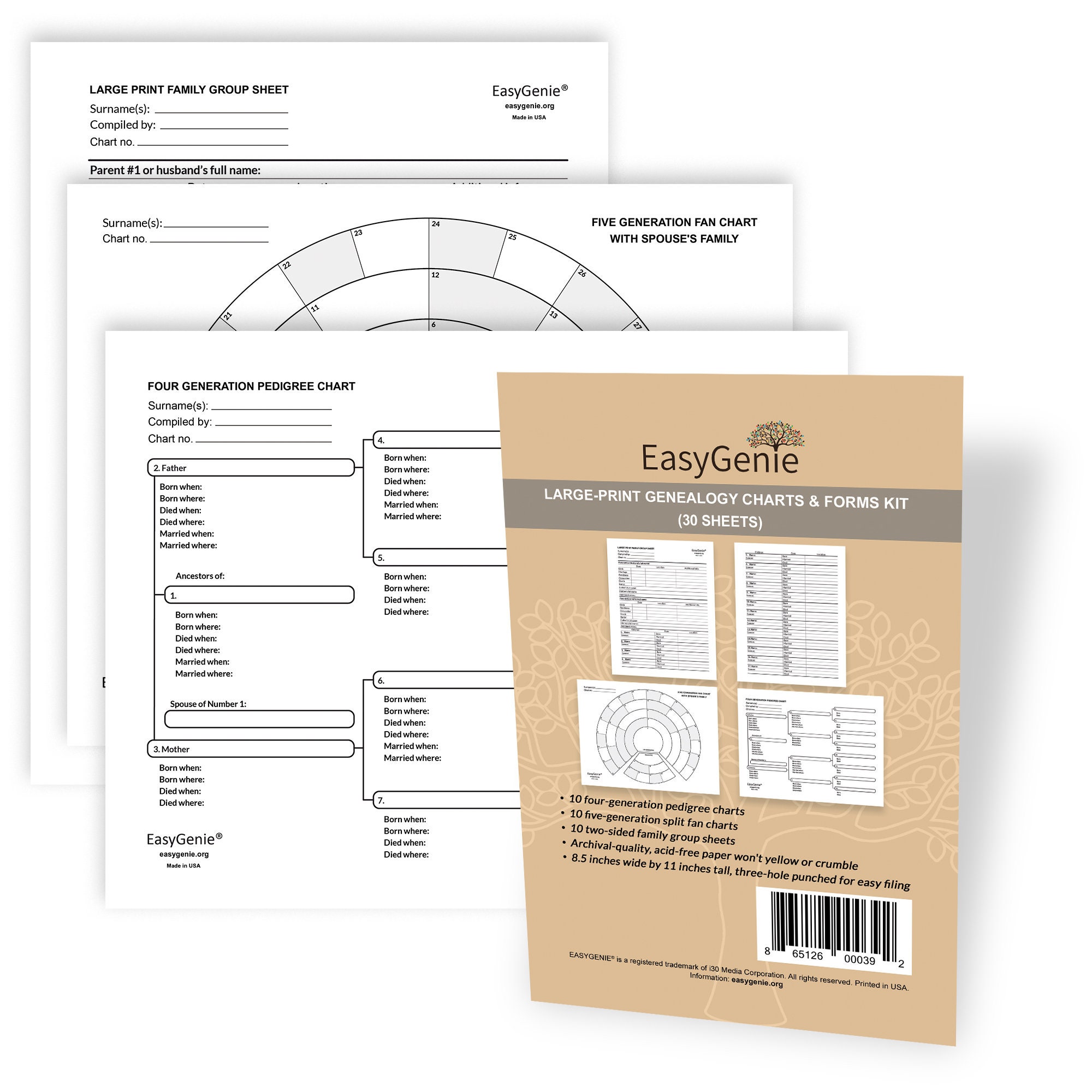 LARGE PRINT Genealogy Charts and Forms Kit Printed on Acid-free Paper ...