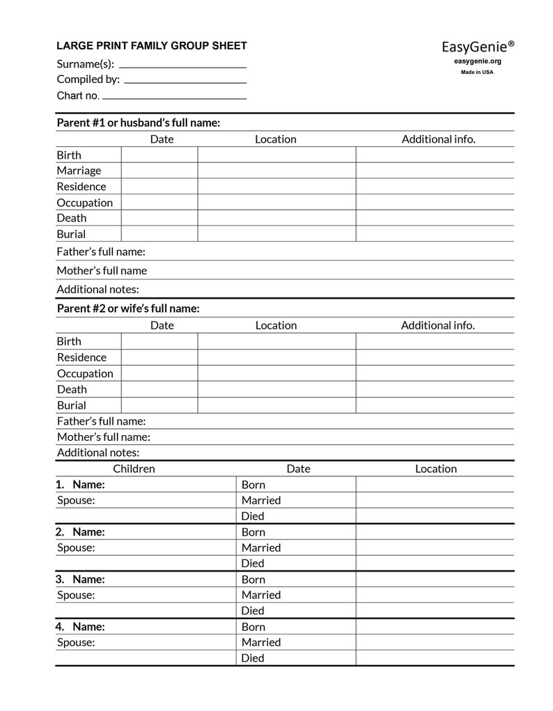 Large Print Archival Quality Family Group Sheets for Genealogy (30 ...