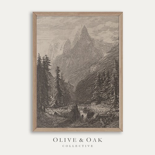 Antique Mountain Painting / Vintage Print / Rustic Cabin Decor - Etsy