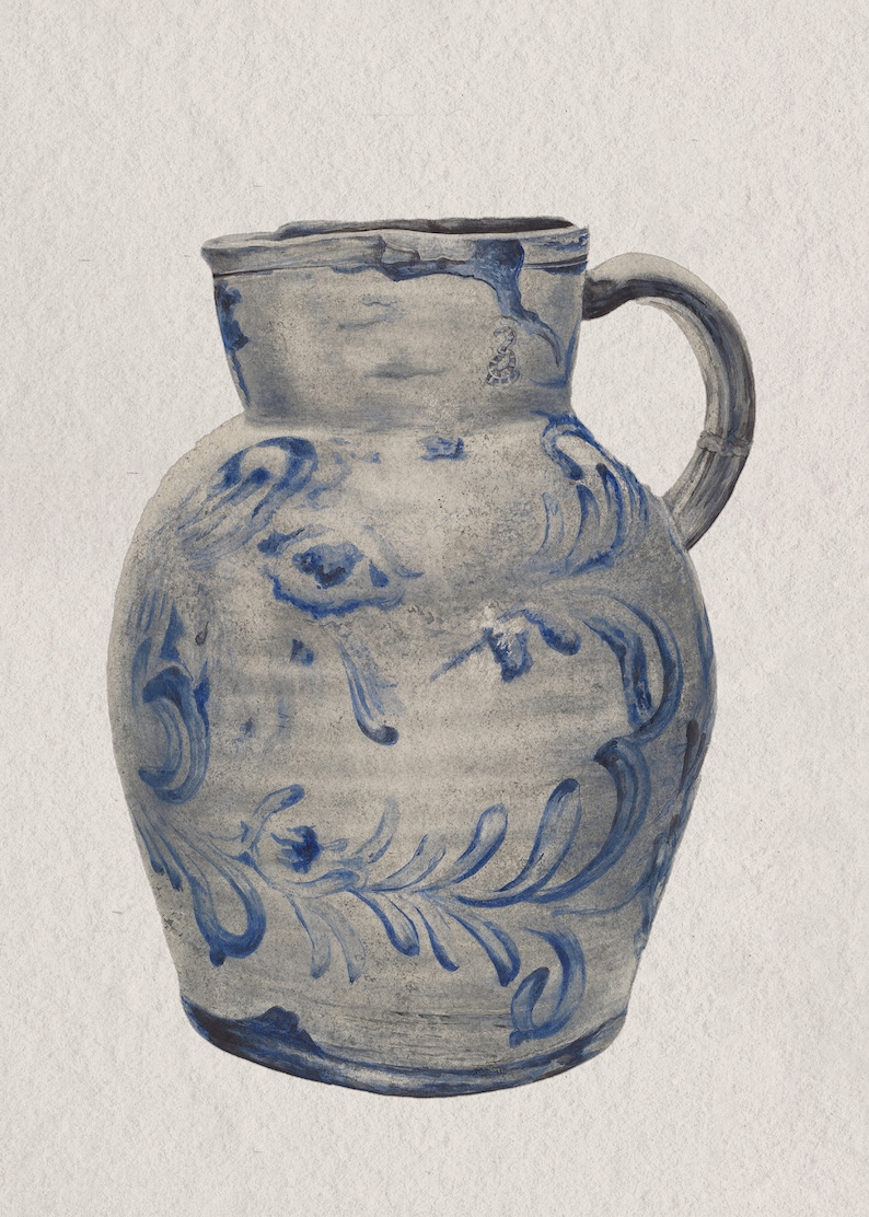Vintage Pitcher Drawing / Light Blue Wall Art / French Country - Etsy