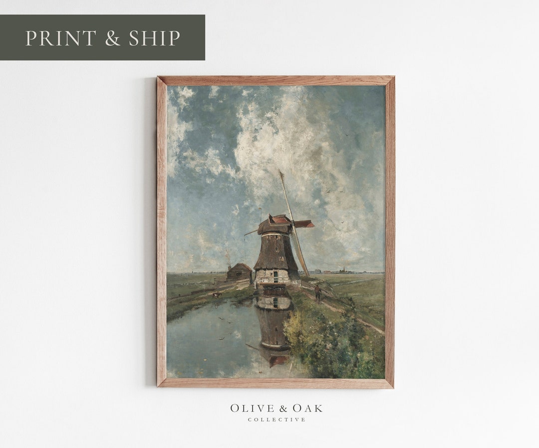 Dutch Windmill Landscape Print / Vintage Countryside Oil Painting ...