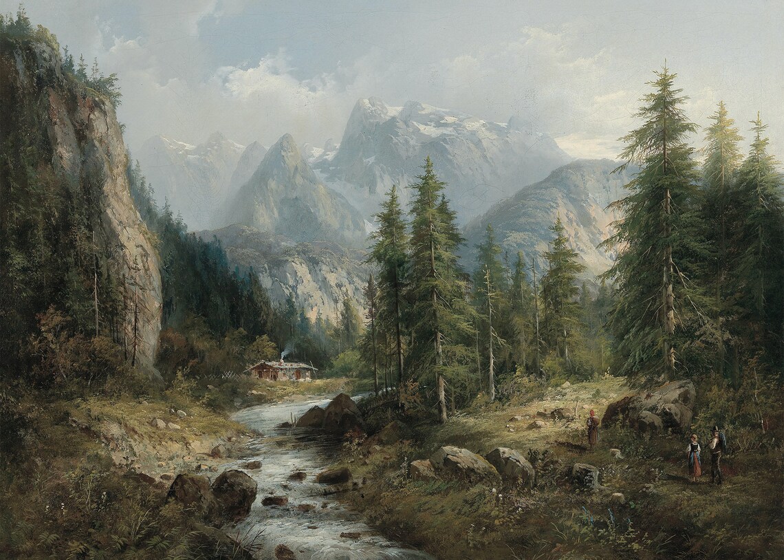 Rustic Mountain Landscape Painting / Vintage Art Print / Cabin - Etsy