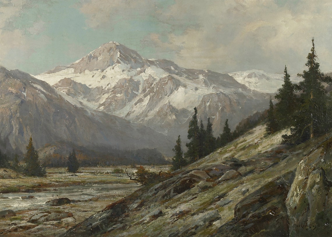 Antique Mountain Painting / Vintage Print / Rustic Cabin Decor - Etsy