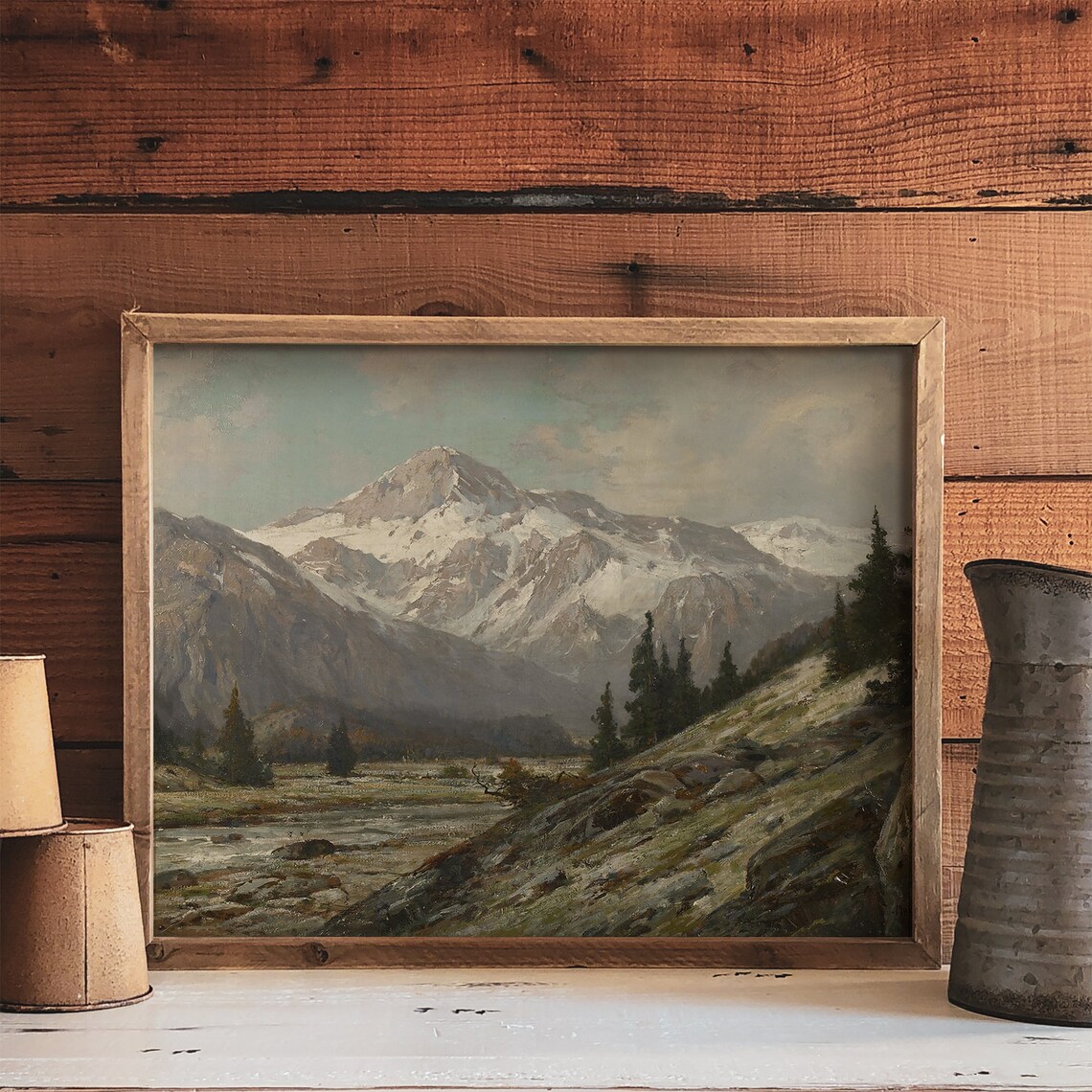 Antique Mountain Painting / Vintage Print / Rustic Cabin Decor - Etsy
