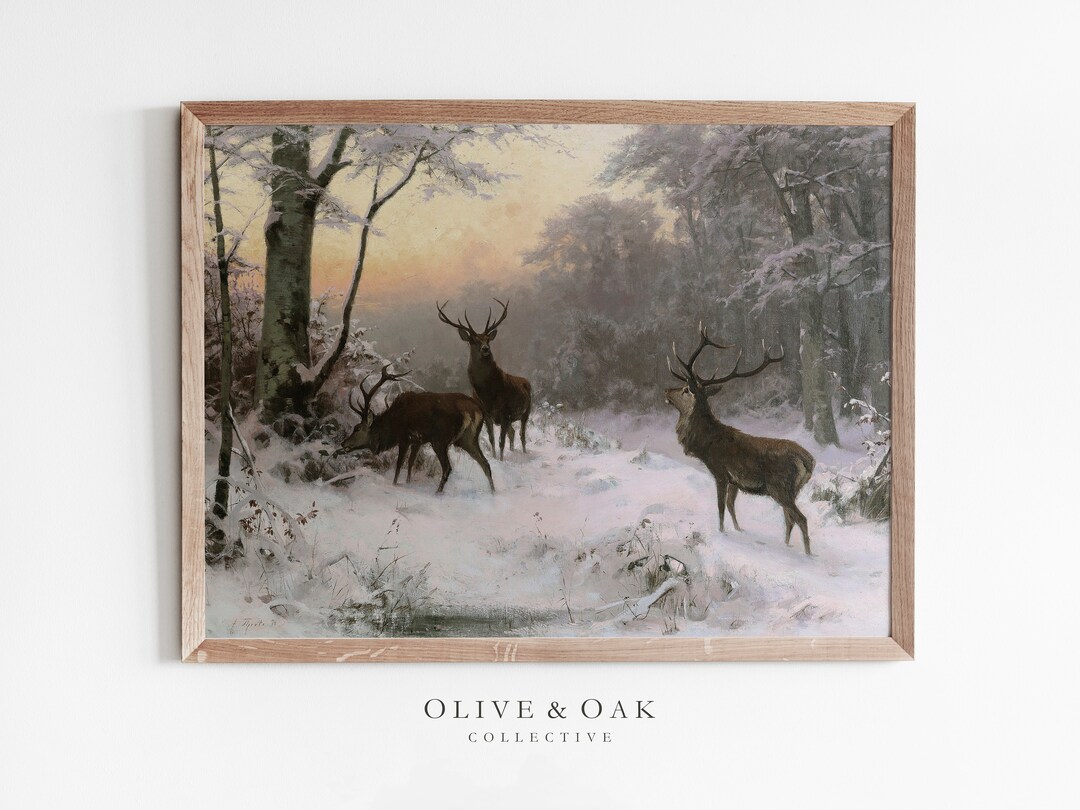 Deer Landscape Painting / Winter Snow Art Print / Cabin Decor PRINTABLE ...