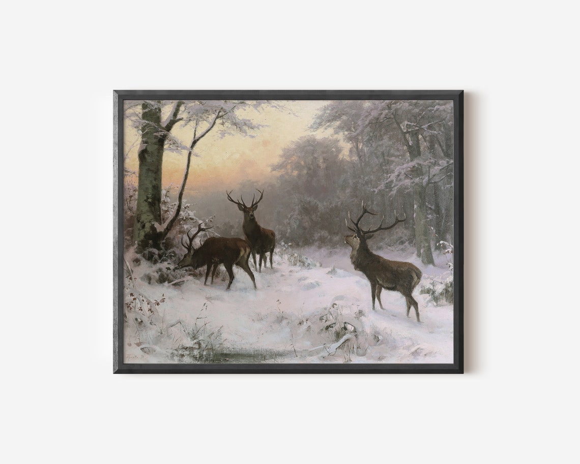 Deer Landscape Painting / Winter Snow Art Print / Cabin Decor PRINTABLE ...