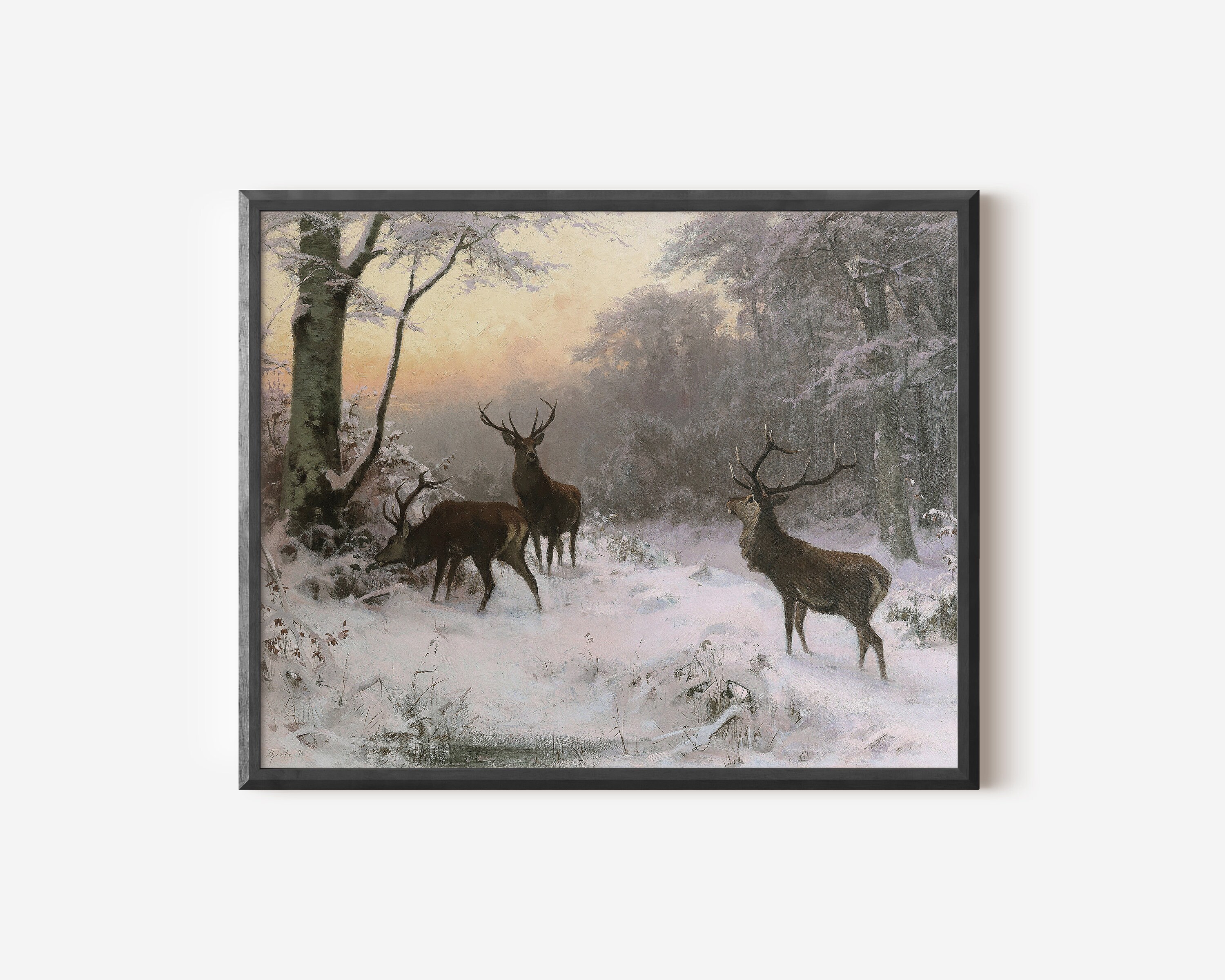 Deer Landscape Painting / Winter Snow Art Print / Cabin Decor PRINTABLE ...