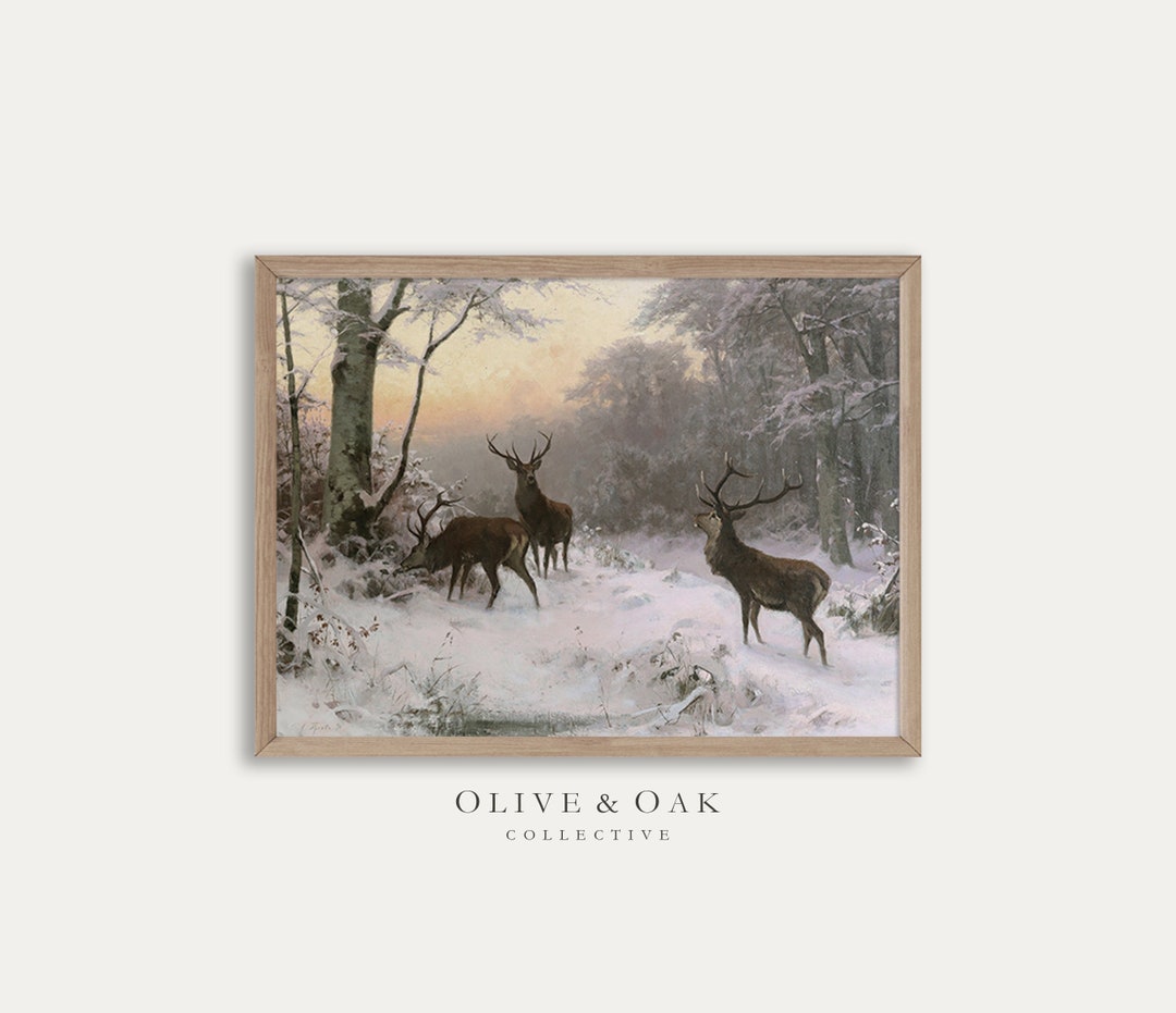 Deer Landscape Painting / Winter Snow Art Print / Cabin Decor - Etsy
