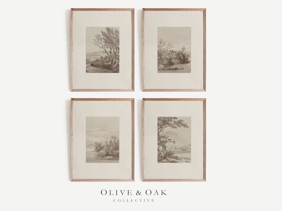 Set of 4 Neutral Art Prints / Four Vintage Sketch Drawings / Gallery ...