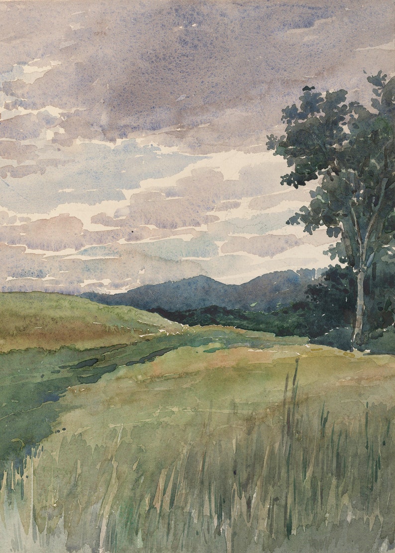 Spring Landscape Painting / Vintage Watercolor Print / - Etsy