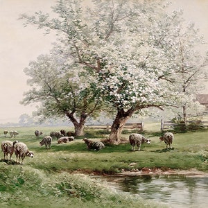 Spring Landscape Painting / Sheep Pasture Painting / Spring Blossom ...