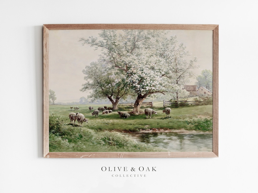 Spring Landscape Painting / Sheep Pasture Painting / Spring Blossom ...