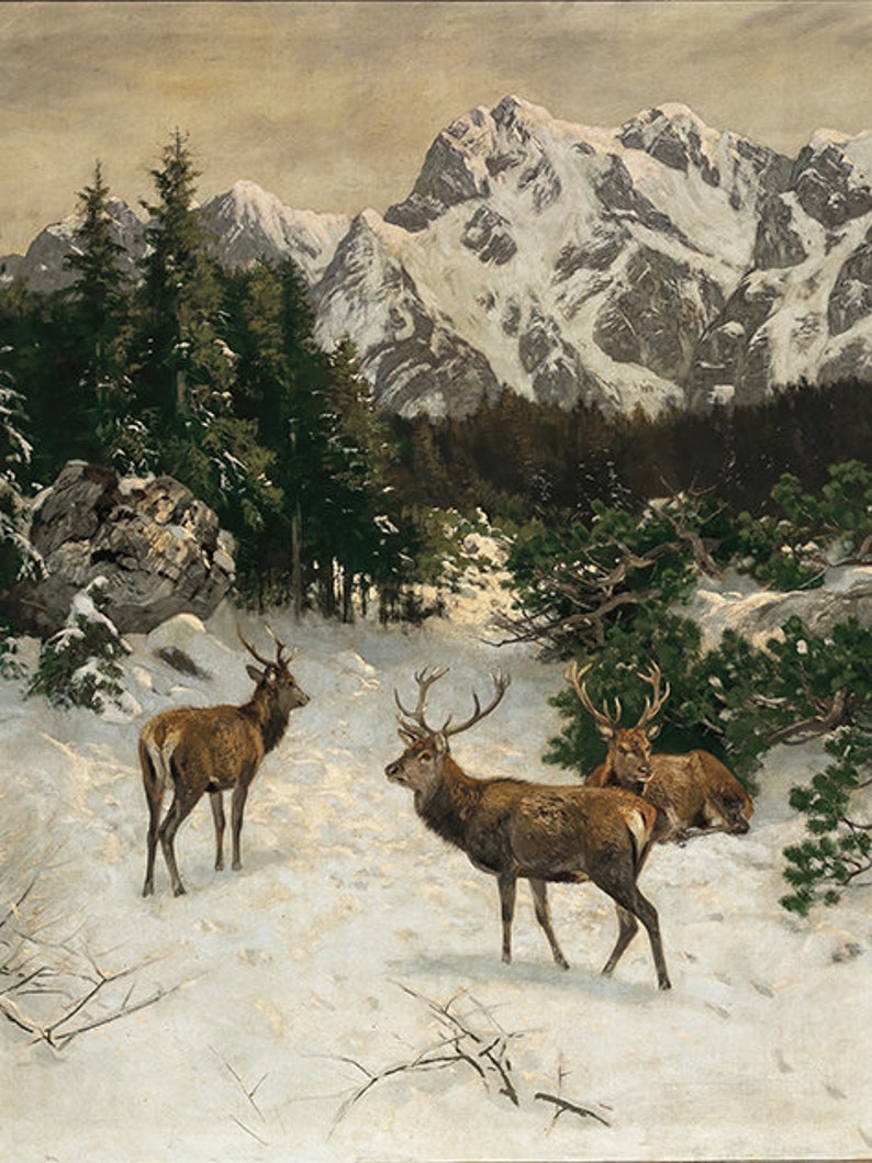 Winter Art Print / PRINTABLE Deer Painting / Snowy Mountain Painting ...