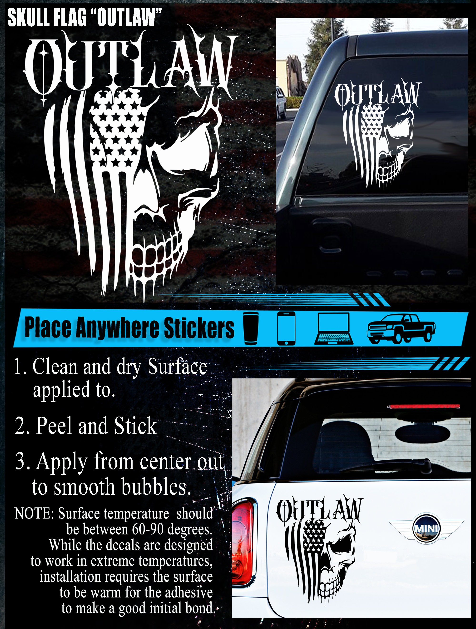 USA Outlaw Skull Flag Distressed Decal Sticker Vinyl Graphic American ...