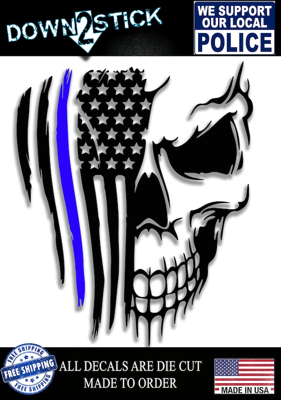 USA Skull Tattered Flag Thin Blue Line Sticker Decal | Etsy