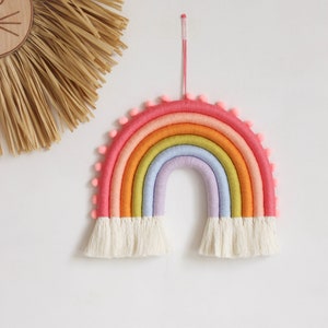 Crayon Macrame Rainbow Wall Hanging With Pompoms, Fiber Rainbow ...