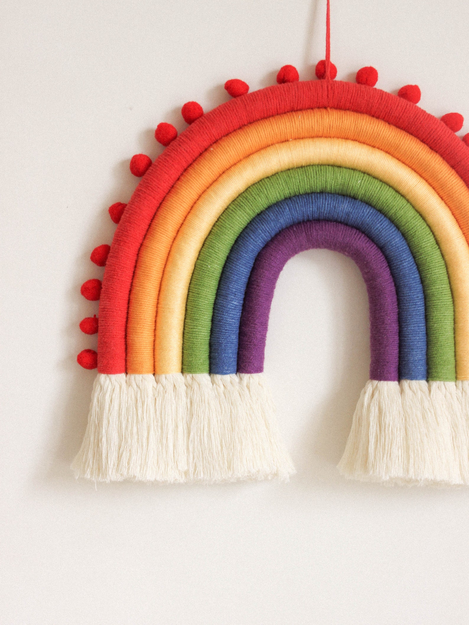 Classic Full Spectrum Macrame Rainbow Wall Hanging With Pompoms, Fiber ...