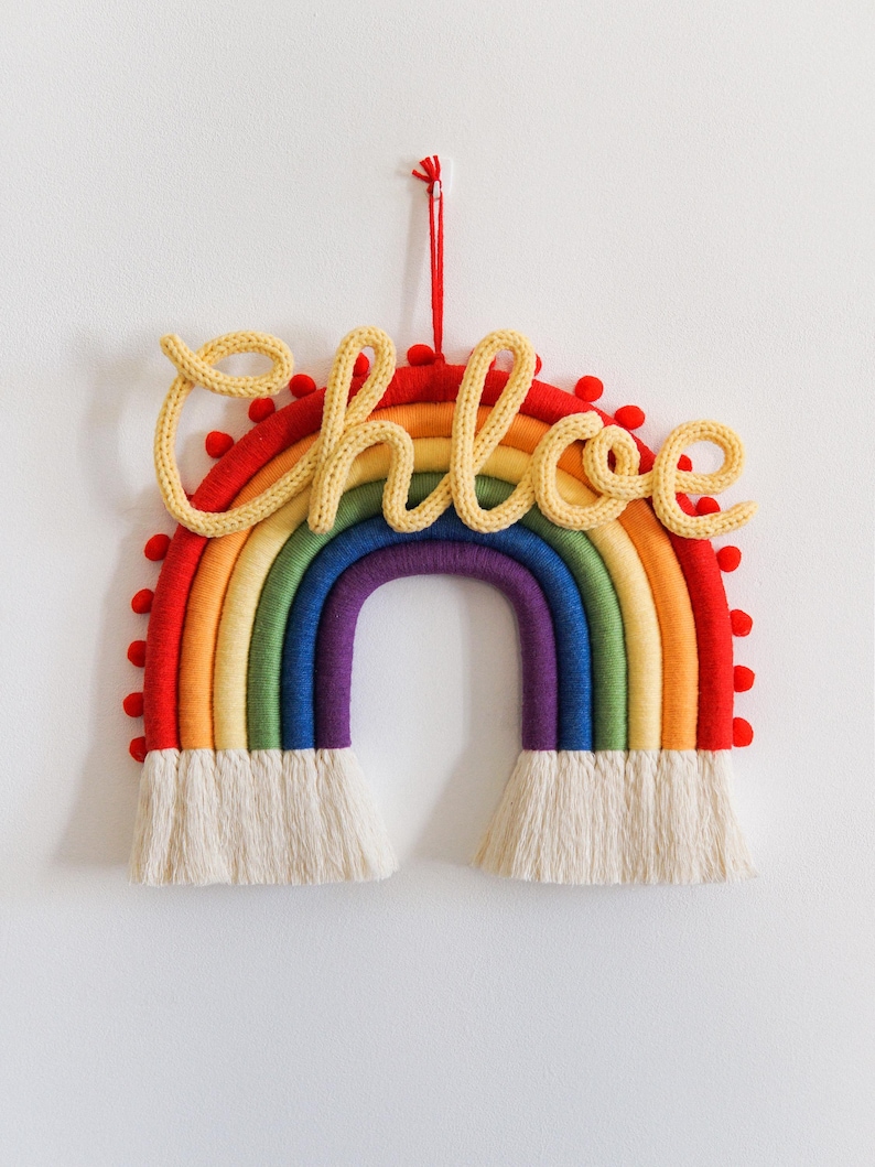 Personalized Macrame Rainbow Name Sign, Knitted Wire Nursery Door Sign ...