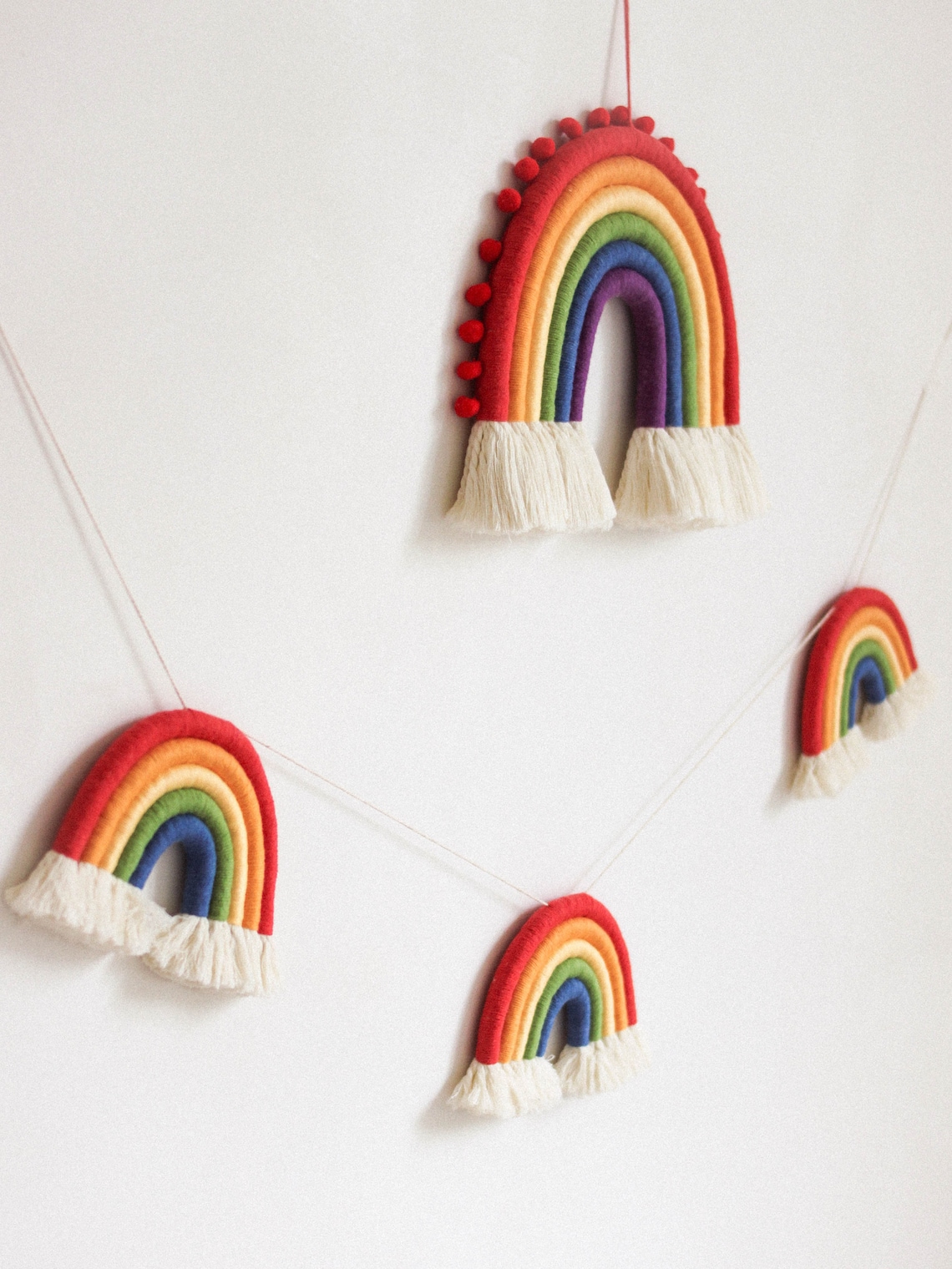 Classic Full Spectrum Macrame Rainbow Wall Hanging With Pompoms, Fiber ...