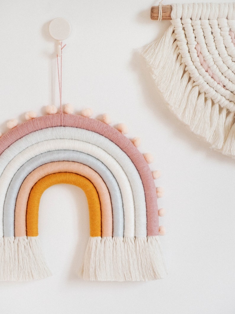 Scandi Pastel Macrame Rainbow Wall Hanging With Pompoms Fiber - Etsy