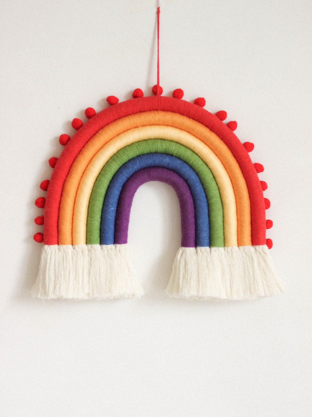 Classic Full Spectrum Macrame Rainbow Wall Hanging With Pompoms, Fiber ...
