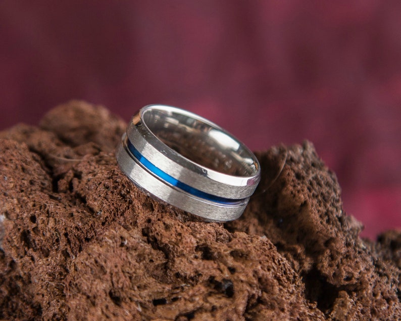 Blue Line Ring for Men, Personalized Gift Ring, Stainless Steel Custom ...