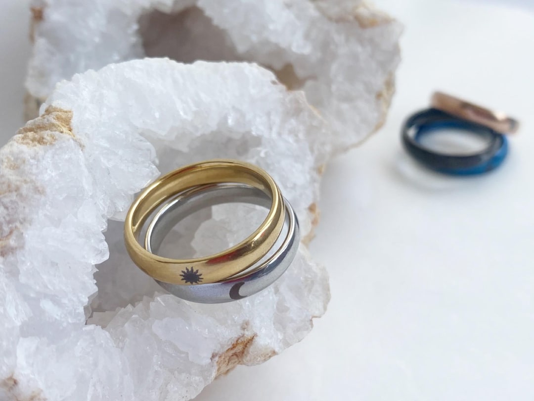 Moon Sun Couple Rings, Personalized Ring Set, Rose Gold Steel Moon Sun ...