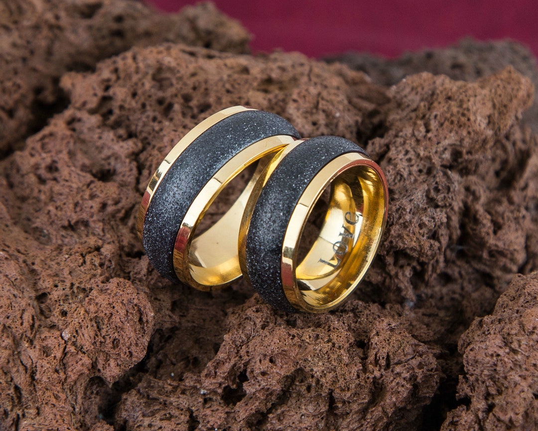 Couple Wedding Spinner Fidget Rings, Frosty Black Gold Couple Rings Set ...