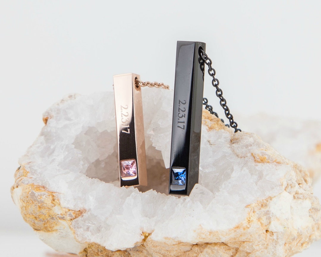 Couples Necklace Set, Matching Gift, Custom Stainless Steel Bar Pendant ...