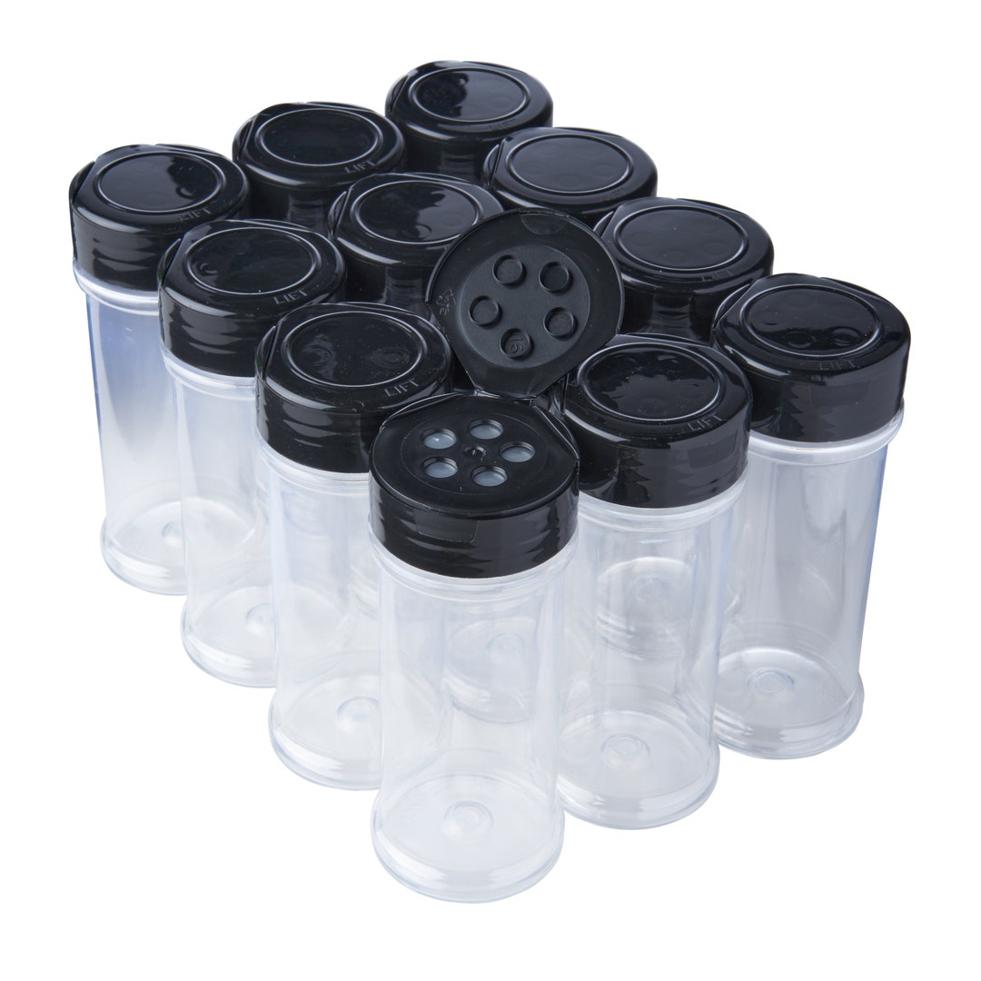12 Pack of 6 Oz. Empty Clear Plastic Spice Bottles With Black Lids ...