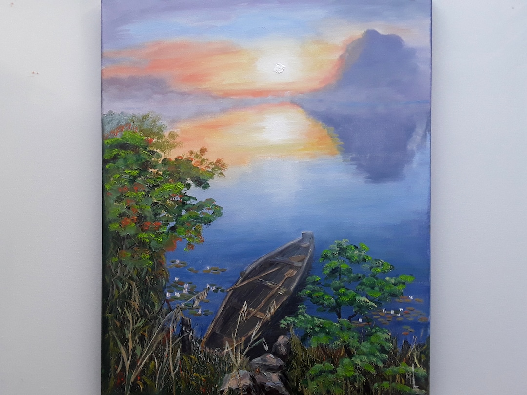 Lake Michigan Art Boat Original Art Sunset Painting Sunset Sky Wall Art ...
