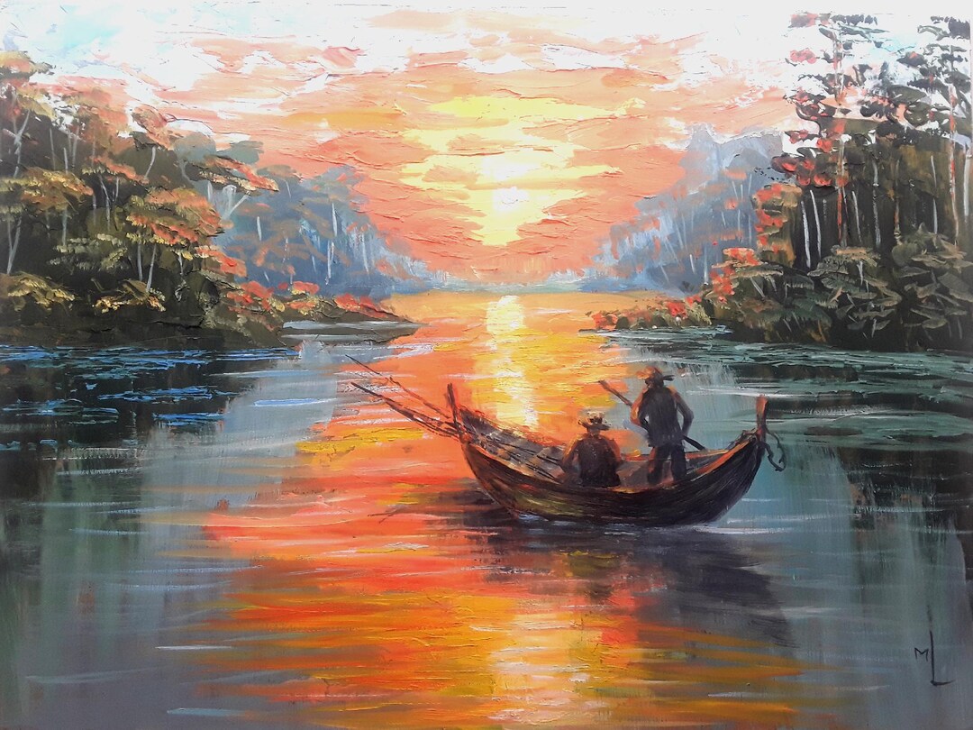 Lake Painting Sunset Landscape Boat Artwork Trees Painting Original Oil ...