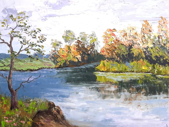 River Painting Trees Artwork Original Art Rural Landscape Lake | Etsy
