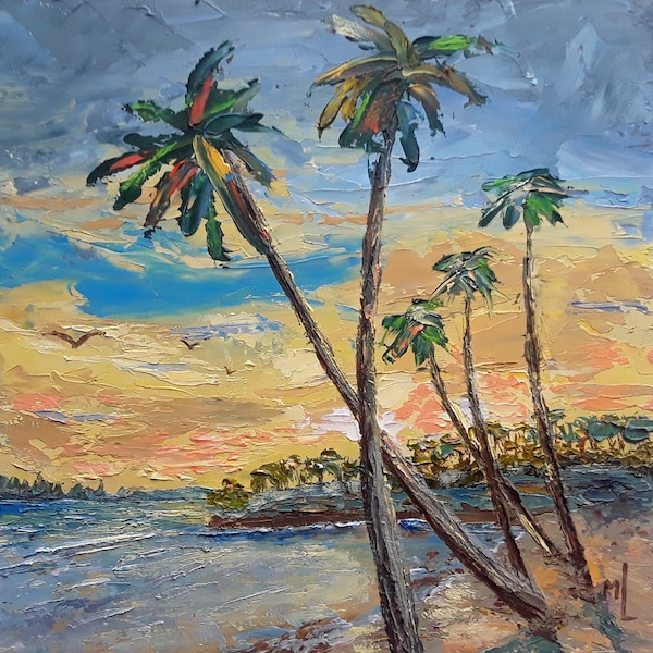 Hawaii Original Art Ocean Painting Sunset Artwork Palm Trees Painting ...