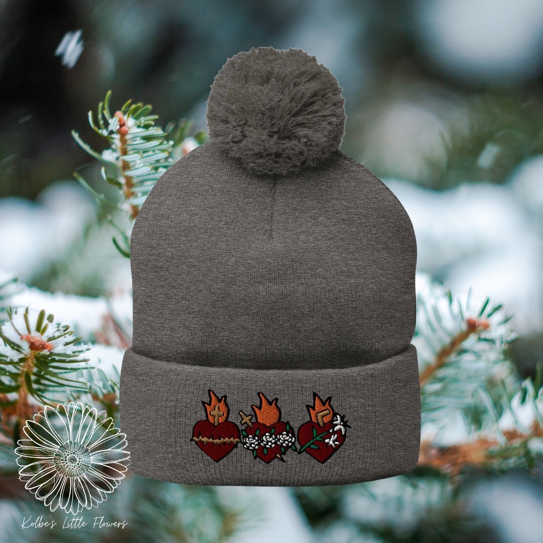 Maroon Colored Hearts - Holy Hearts Beanie With Pom Pom, Catholic ...