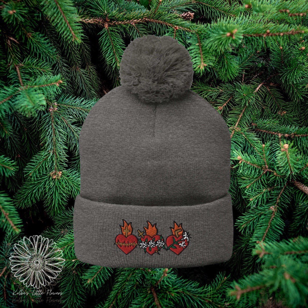 Bright Red Holy Hearts Beanie With Pom Pom, Three Hearts Hat, Catholic ...