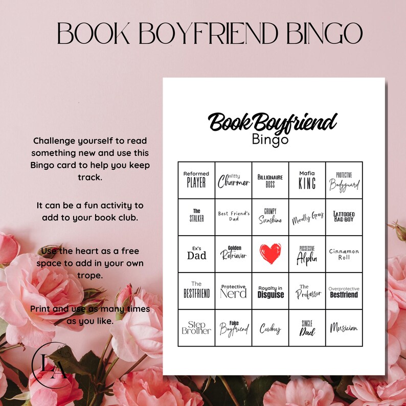 Book Boyfriend Bingo, Reading Challenge, Book Trope Tracker, Book ...