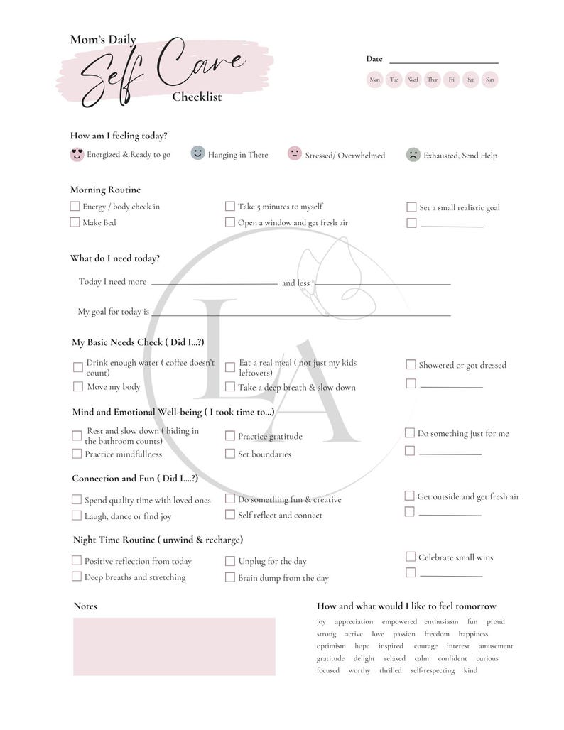 Self Care Checklist | Printable Self Care Planner | Self Care Check-in ...