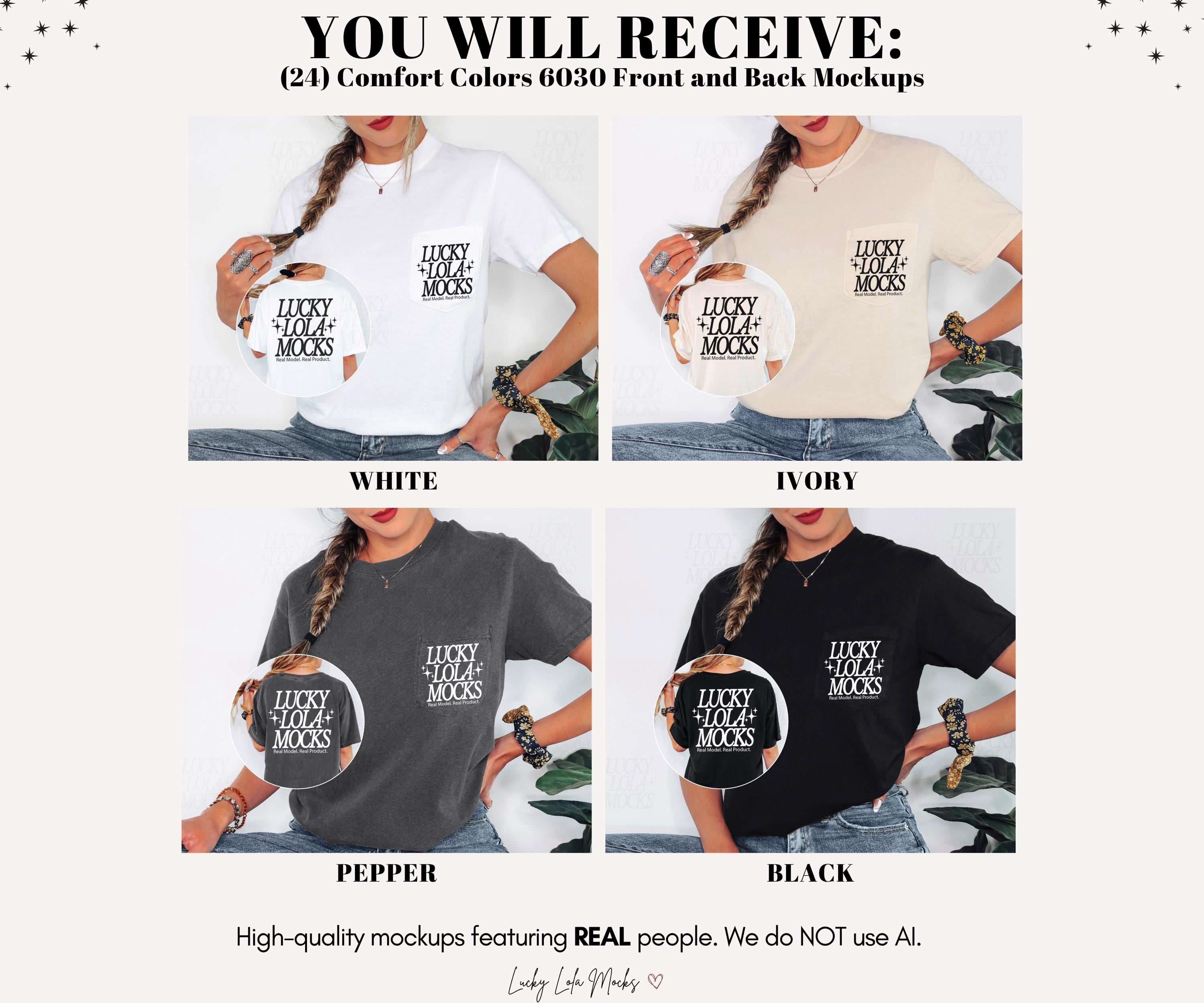 Comfort Colors 6030 Front and Back Pocket Tee Mockup Bundle, Pocket T ...