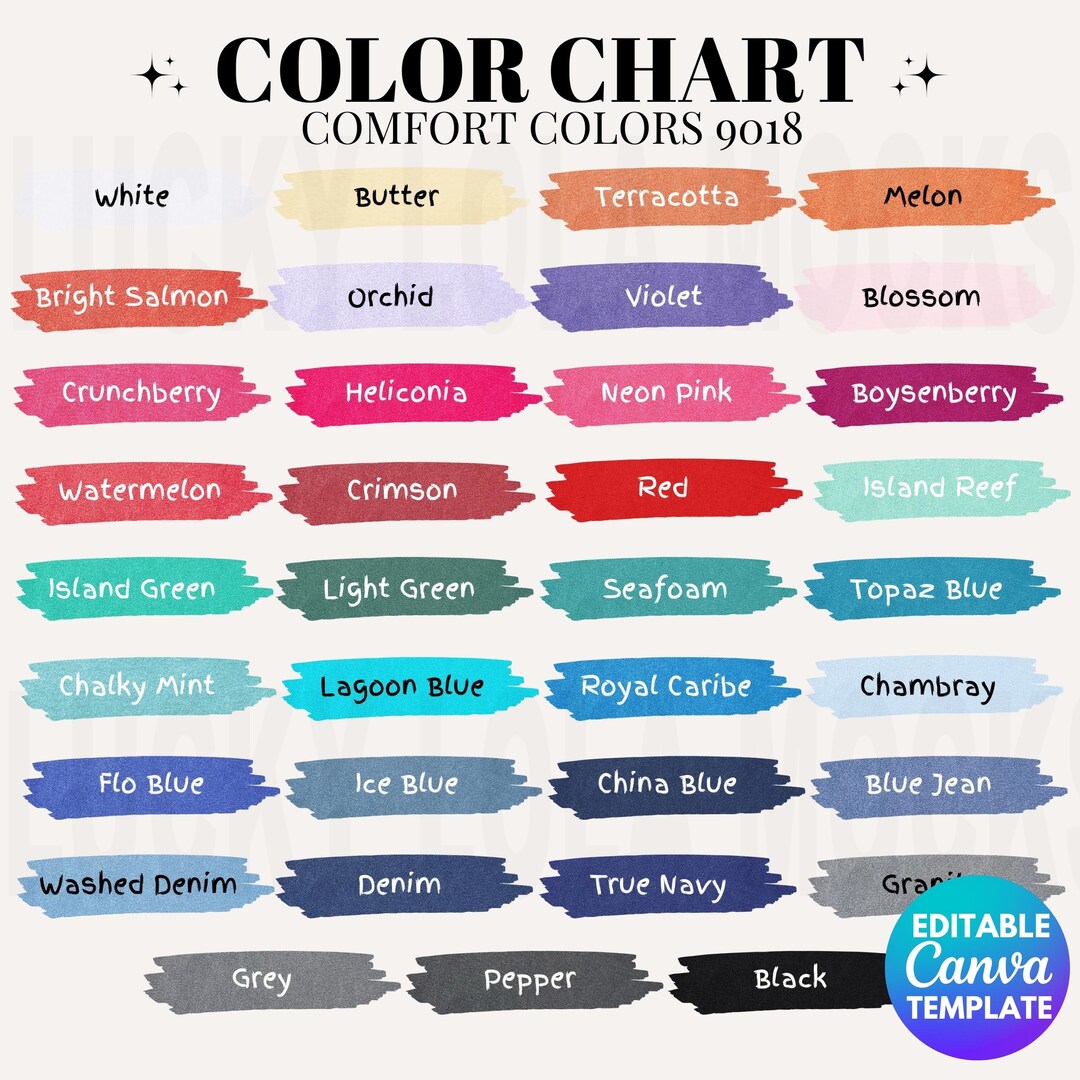Editable 9018 Comfort Colors Color Chart, 9018 Color Chart Editable ...