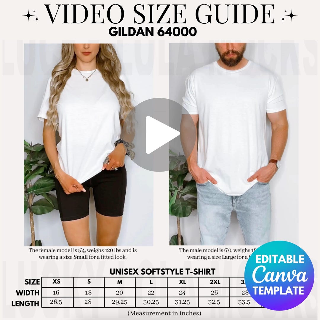 Editable Gildan 64000 Video Size Chart, Size Chart Mockup, Video Size ...