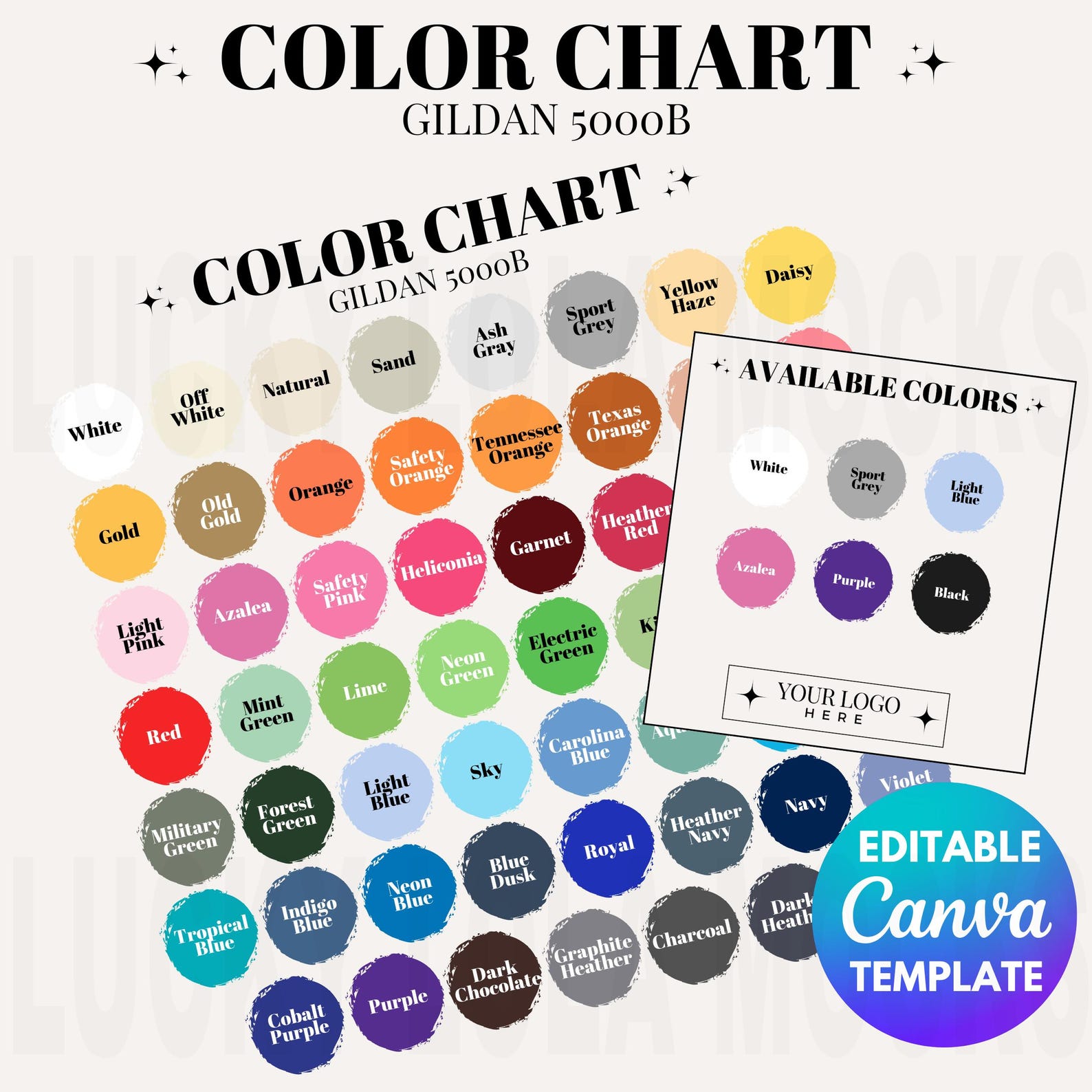 Editable Gildan 5000b Color Chart, Gildan 5000b Color Guide, Gildan ...
