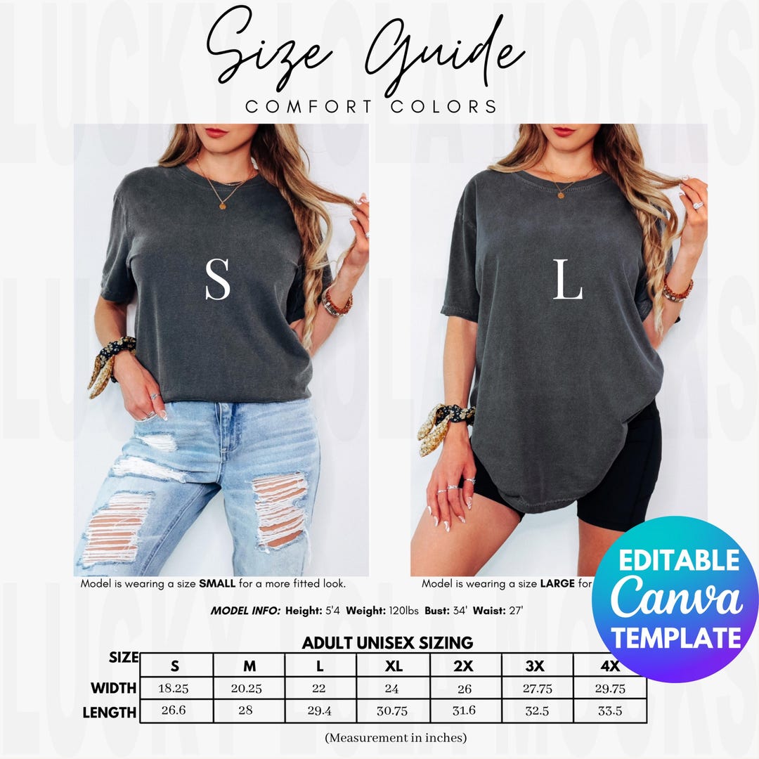Editable Comfort Colors 1717 Size Chart, Comfort Colors Size Chart ...