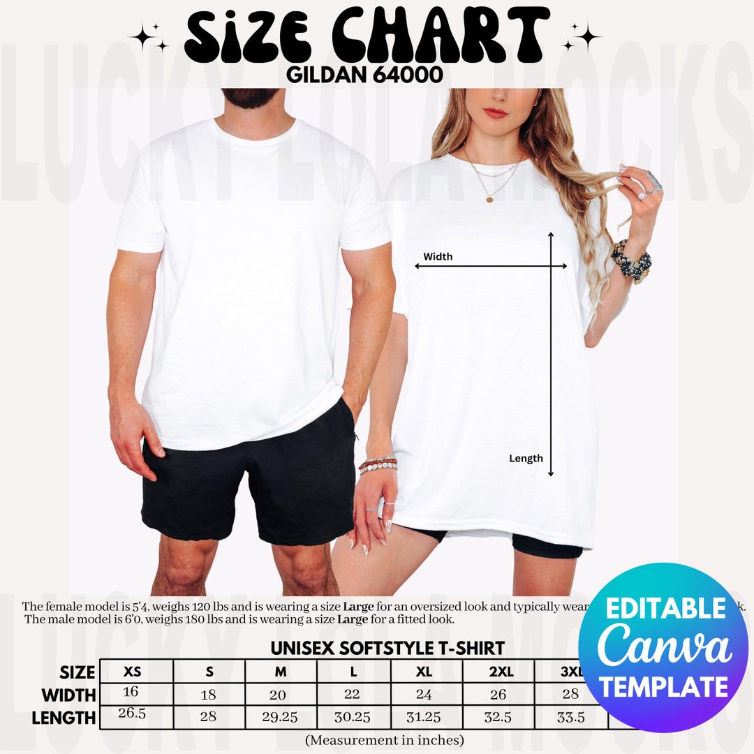 EDITABLE Gildan 64000 Size Chart, Size Chart Mockup, Size Guide, Gildan ...